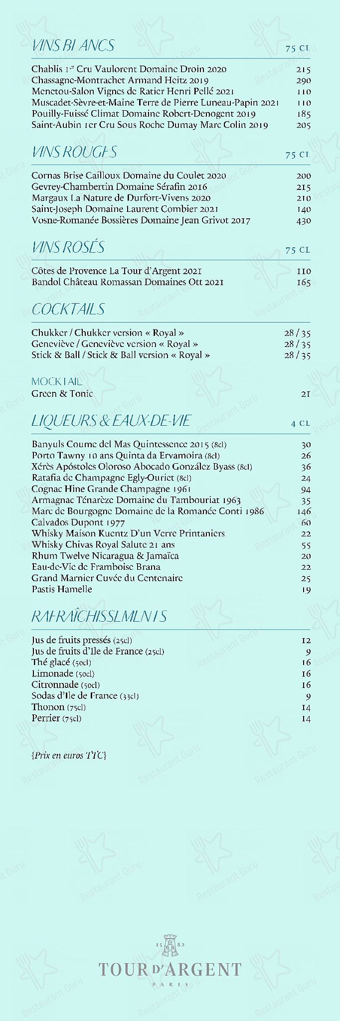 Menu at La Tour d'Argent restaurant, Paris, 15 Quai de la Tournelle