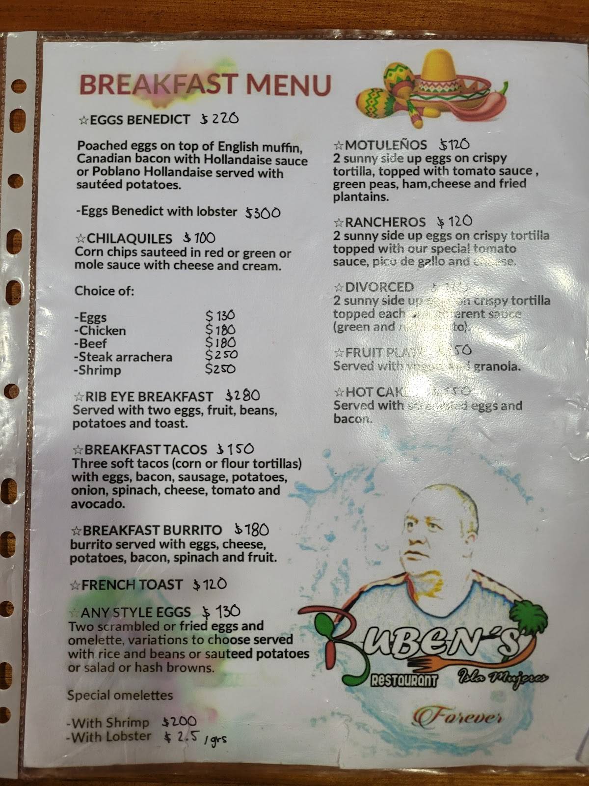 Menu at Ruben's restaurant, Isla Mujeres, 18