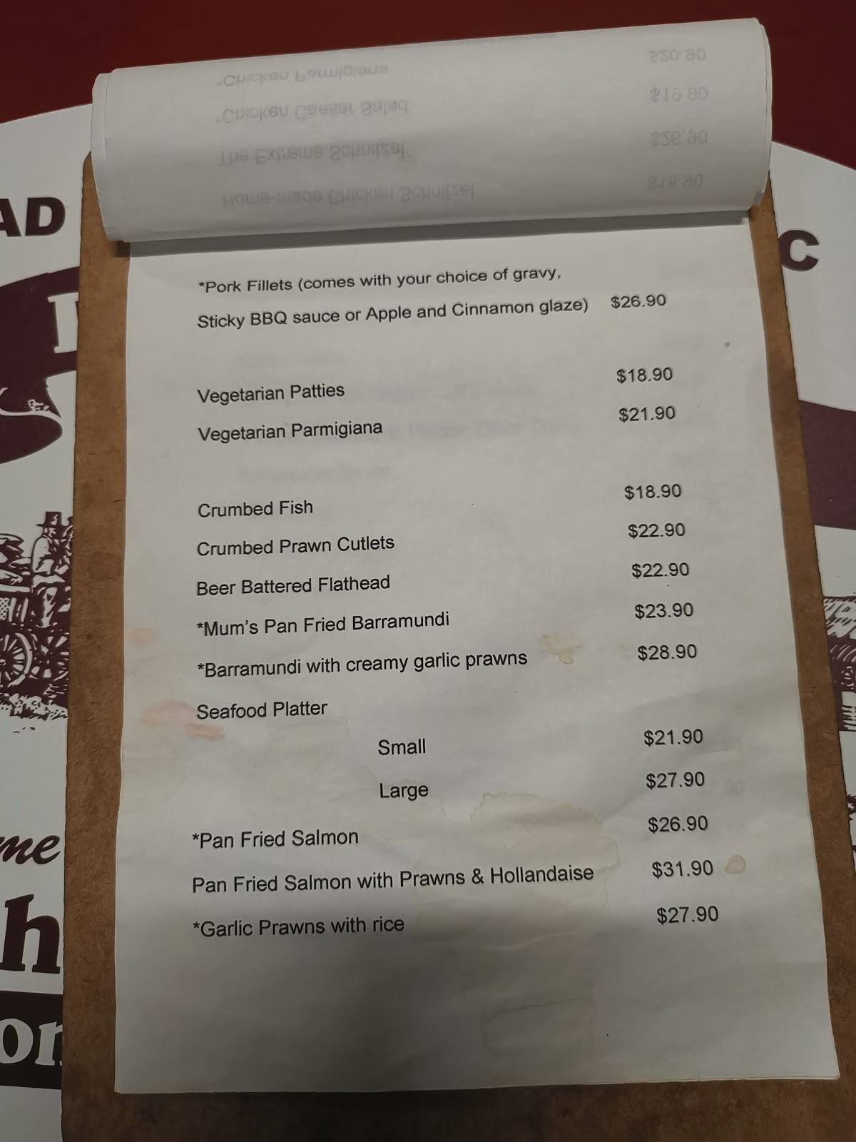 Menu at Rudd's Pub, Nobby