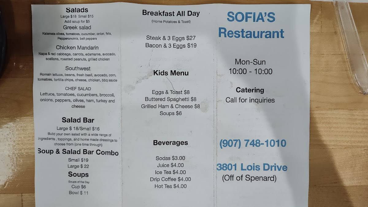 Menu at SOFIAS RESTAURANT, Anchorage