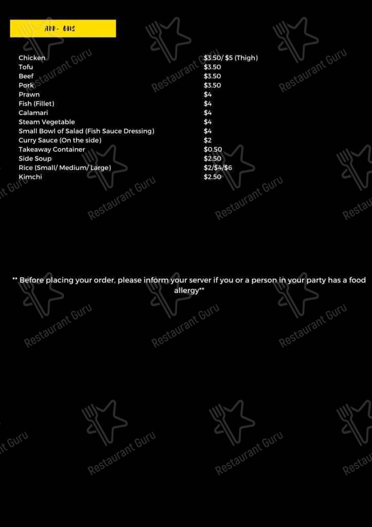 Menu at Sago Restaurant, Kelvin Grove
