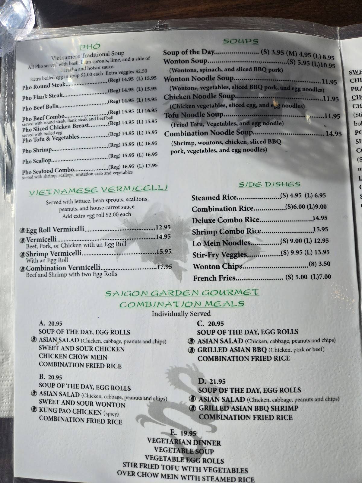 Menu at Saigon Garden (by Charlie Wongs) restaurant, Kalispell