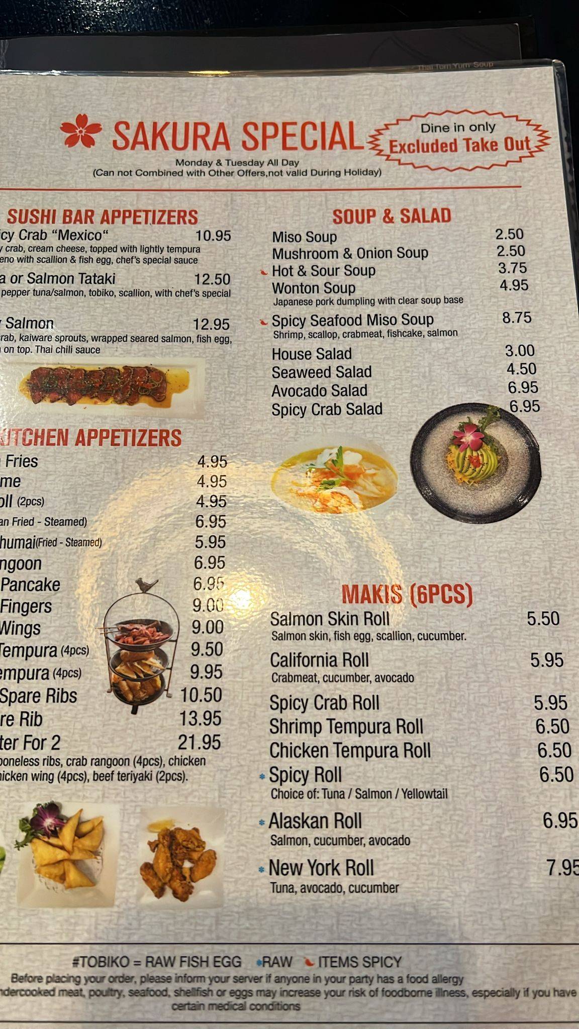 Menu at Sakura restaurant, Walpole