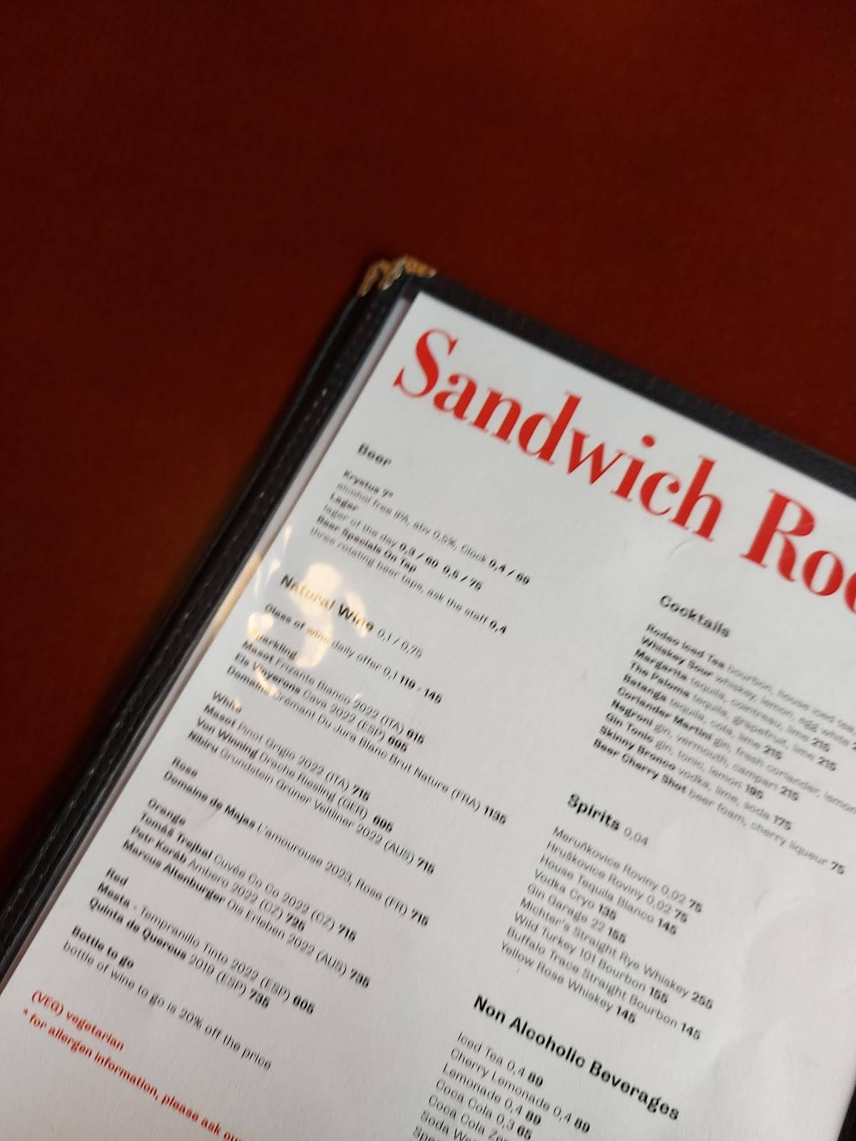 Menu at Sandwich Rodeo, Prague