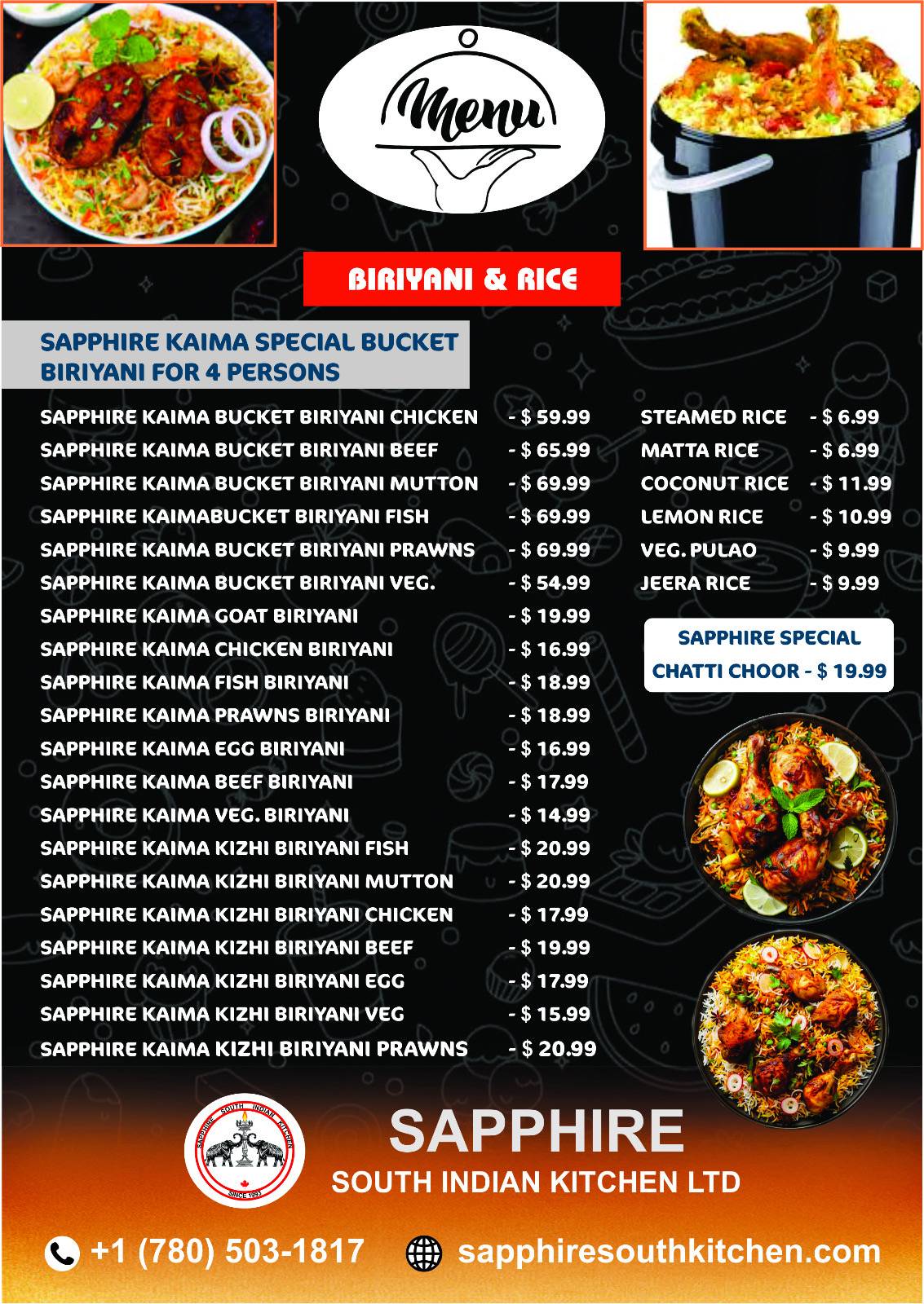 Menu at Sapphire South Indian Kitchen restaurant, Edmonton