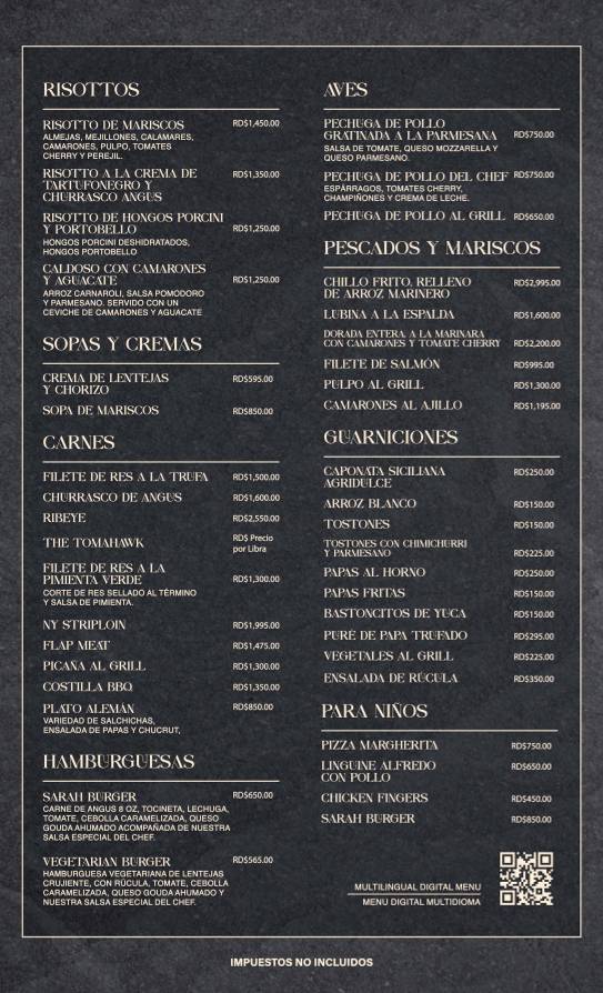 Carta de Sarah Restaurante, Santo Domingo