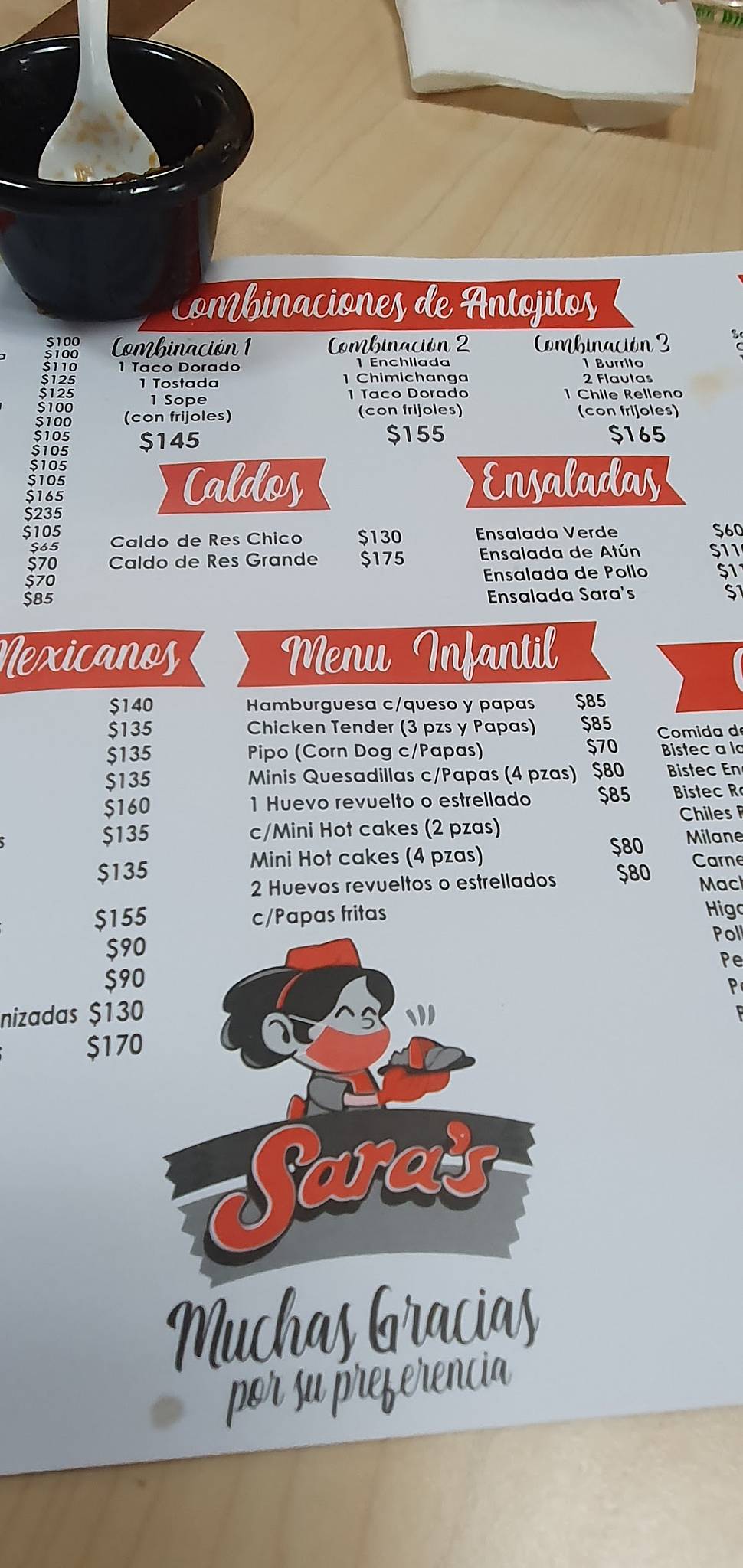Carta del restaurante Sara's, Mexicali