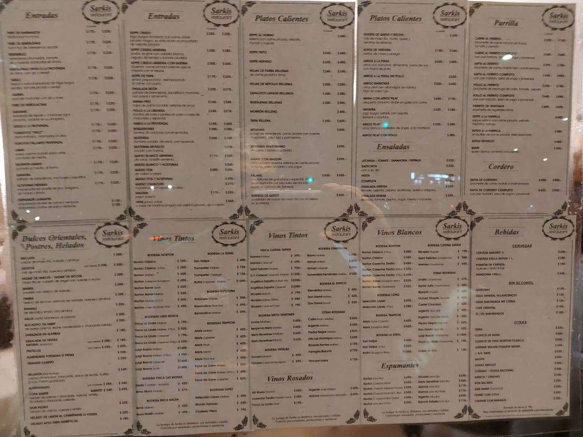 Carta del restaurante Sarkis, Buenos Aires