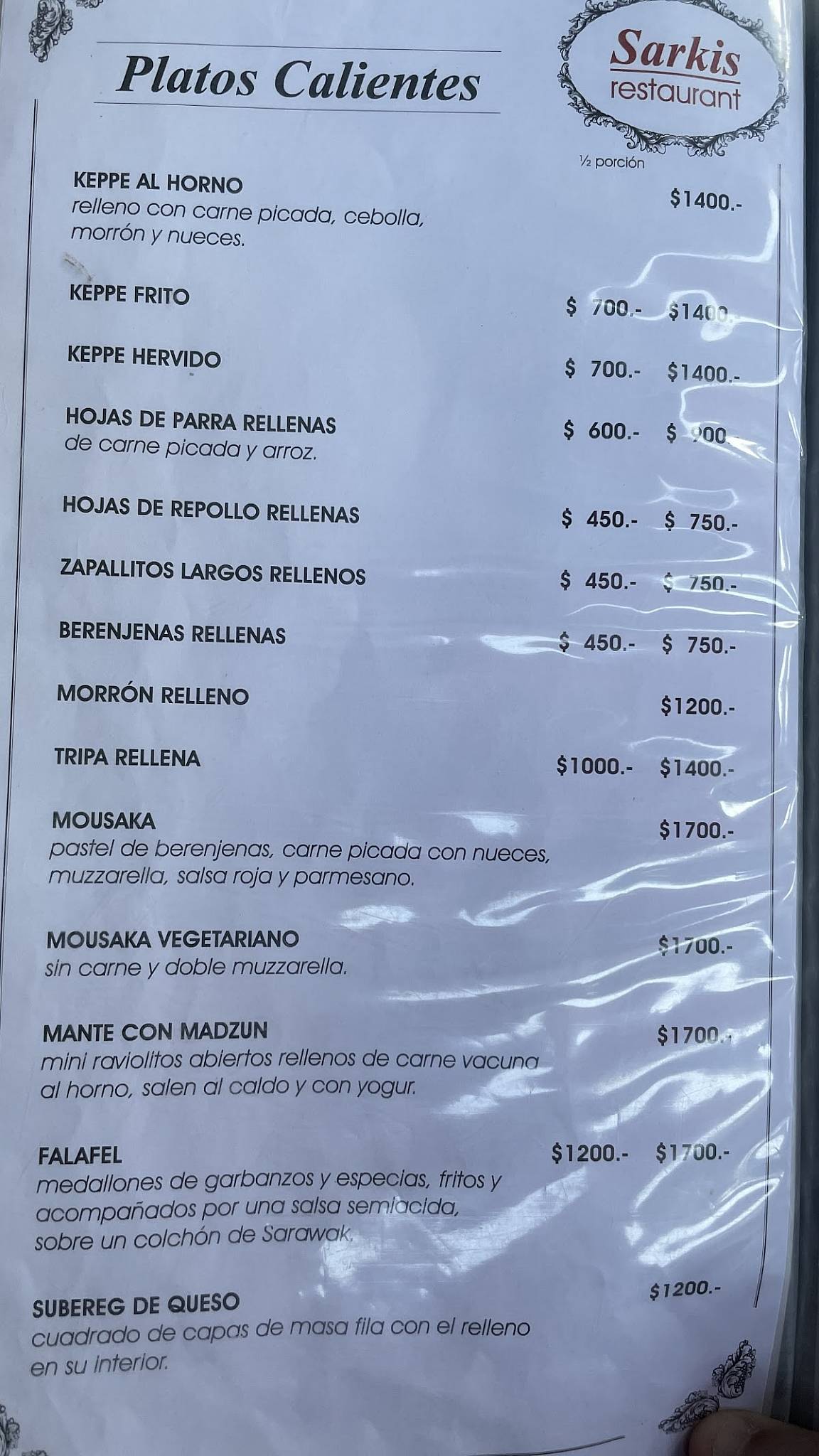 Carta del restaurante Sarkis, Buenos Aires