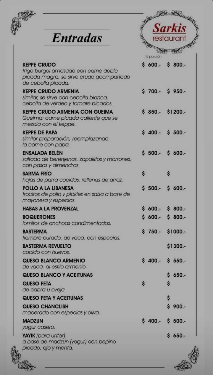 Carta del restaurante Sarkis, Buenos Aires