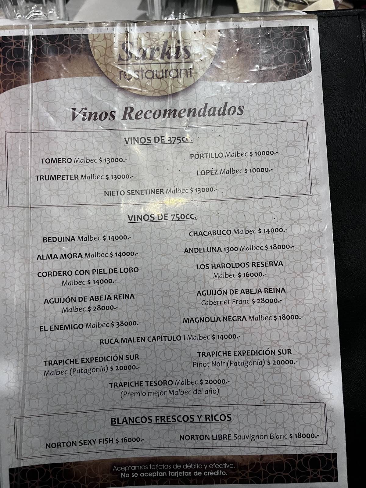 Carta del restaurante Sarkis, Buenos Aires
