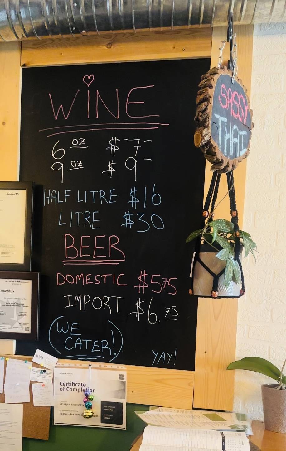 Menu at Sassy Thai restaurant, Winnipeg