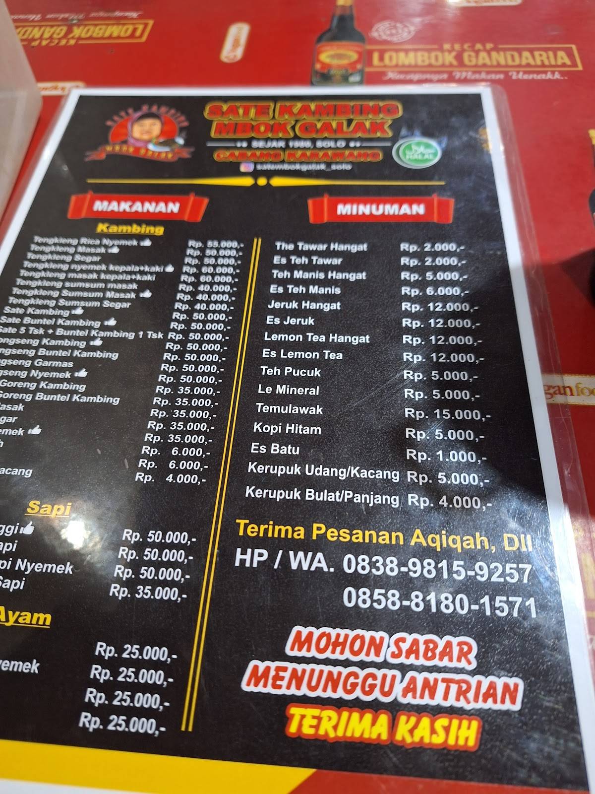 Menu at Sate Kambing Mbok Galak restaurant, Karawang