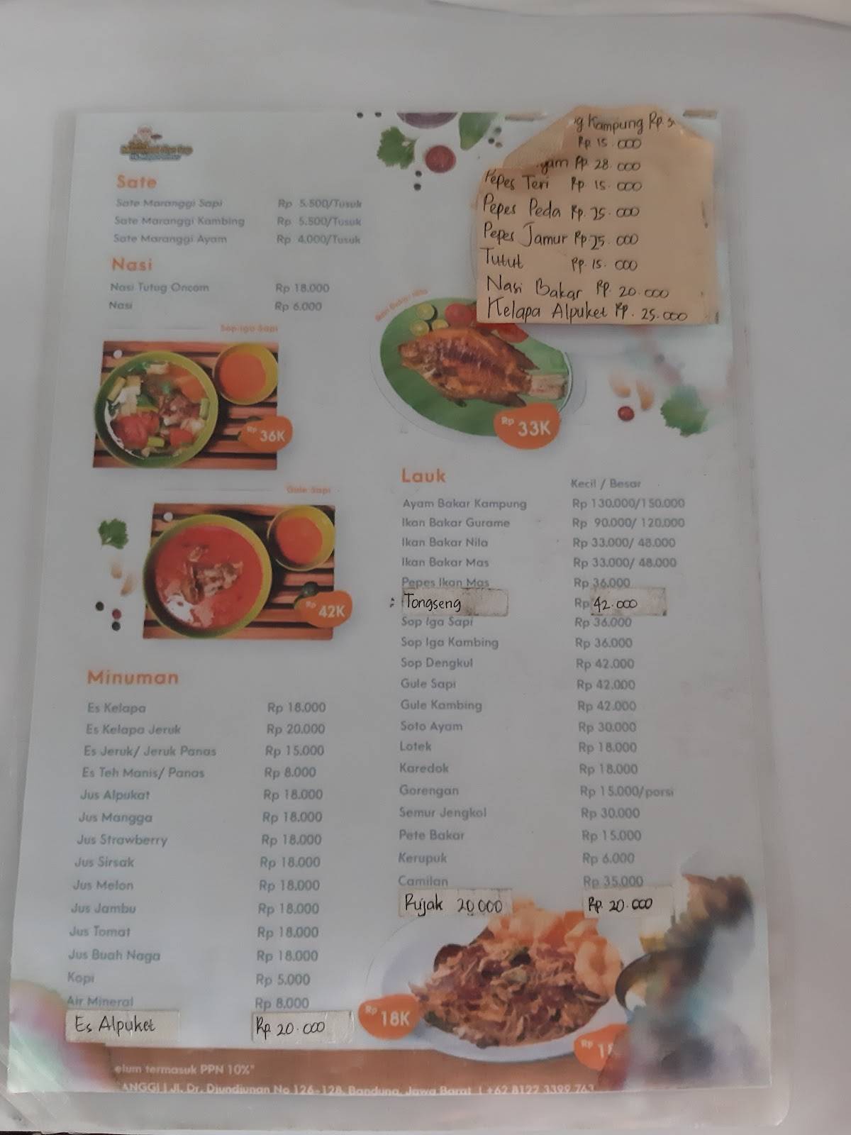 Menu at Sate Maranggi dan Sop Hj. Maya Pasteur restaurant, Bandung