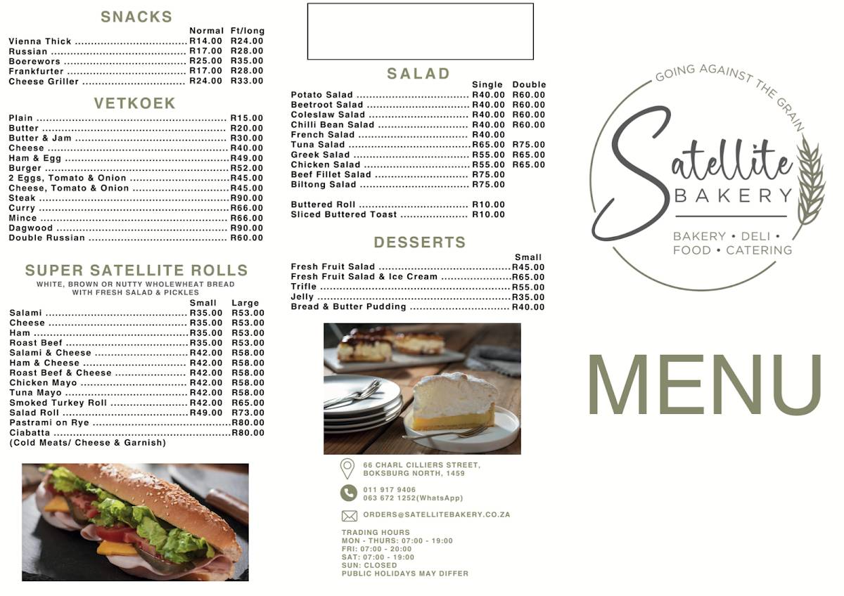 Menu at Satellite Fast Foods & Bakery, Boksburg