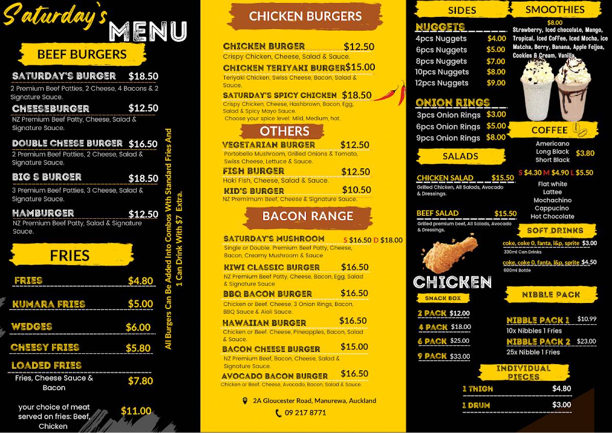Menu at Saturday’s Burger & Chicken restaurant, Auckland