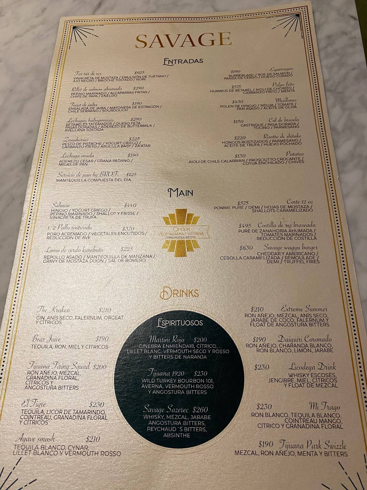Menu at Savage restaurant, Tijuana