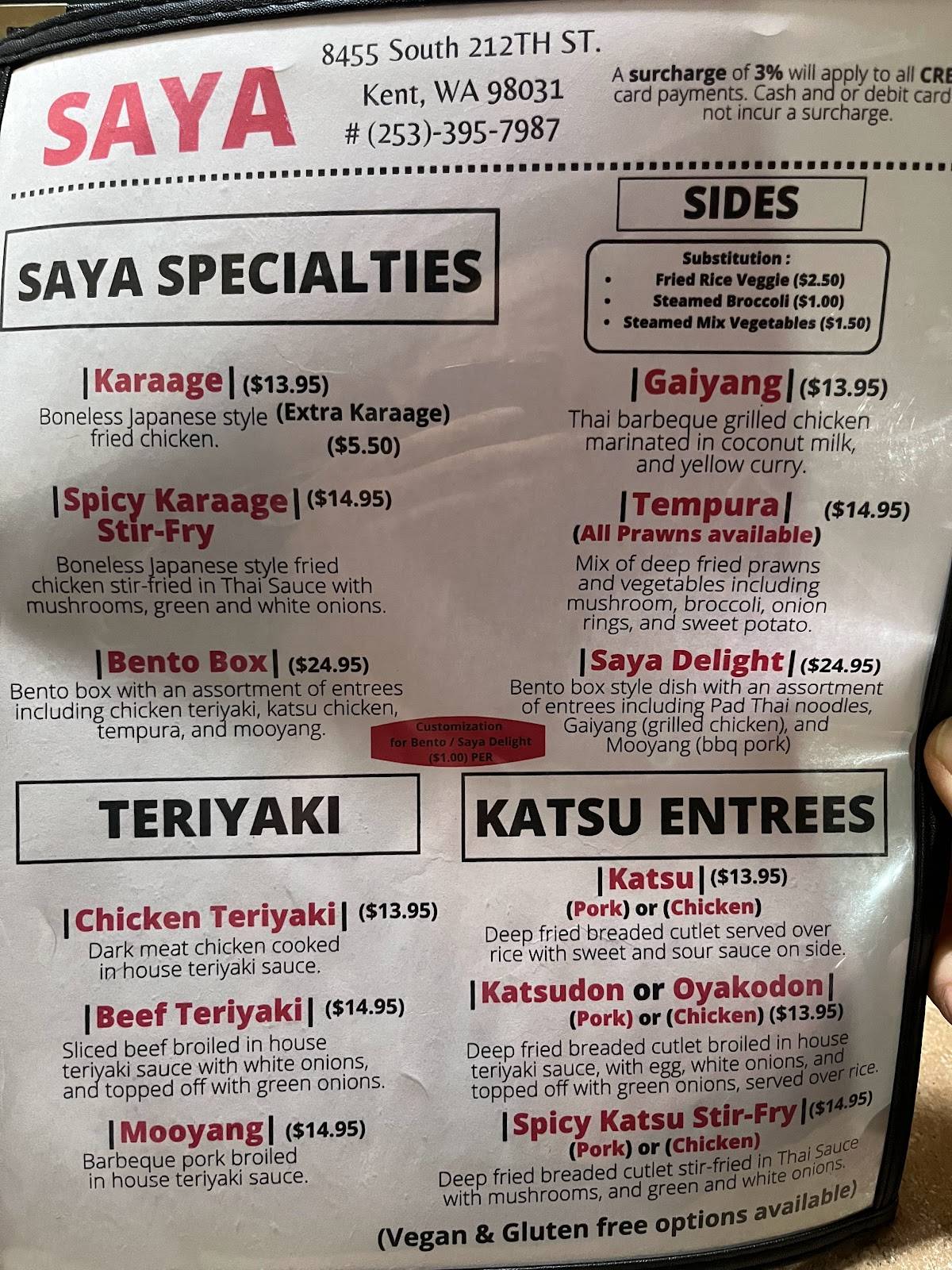 Menu at Saya Restaurant, Kent