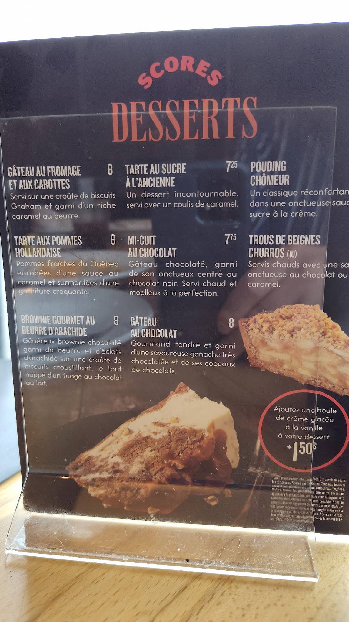 Menu au Restaurant Scores, Granby