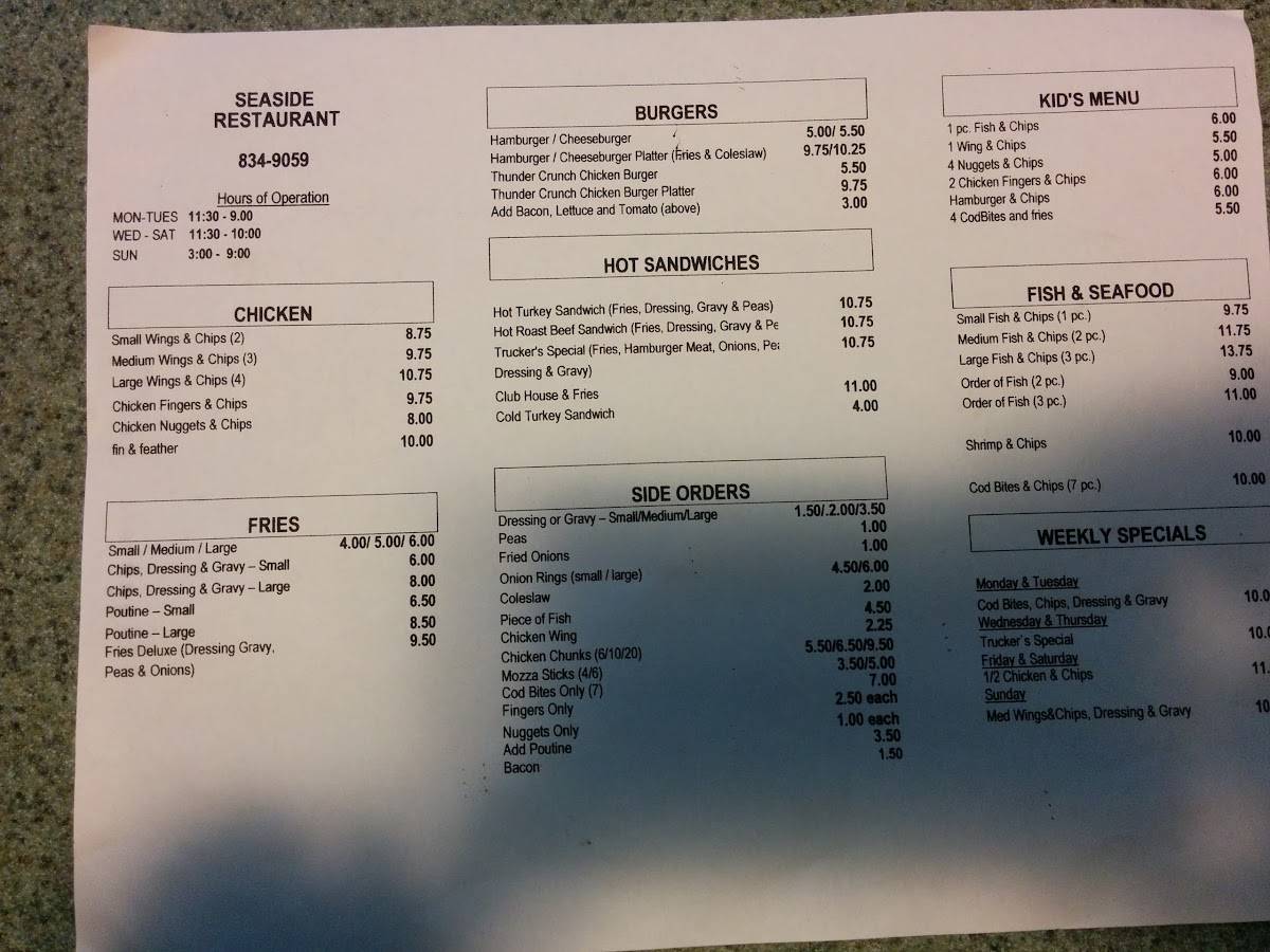 Menu at Seaside Restaurant, Conception Bay South