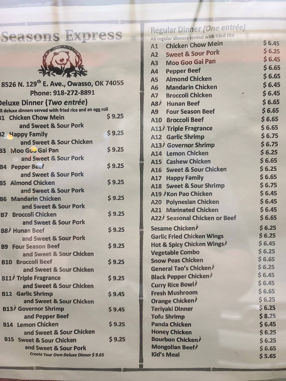 Menu at Season's Express restaurant, Owasso, N 129th E Ave