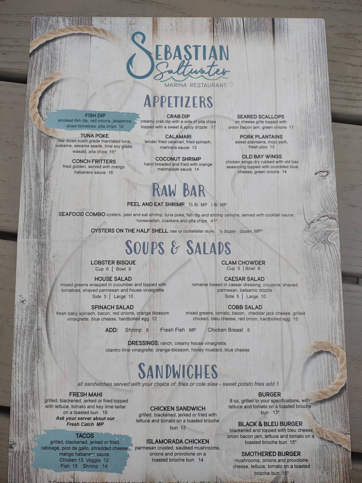 Menu at Sebastian Saltwater Marina Restaurant, Sebastian