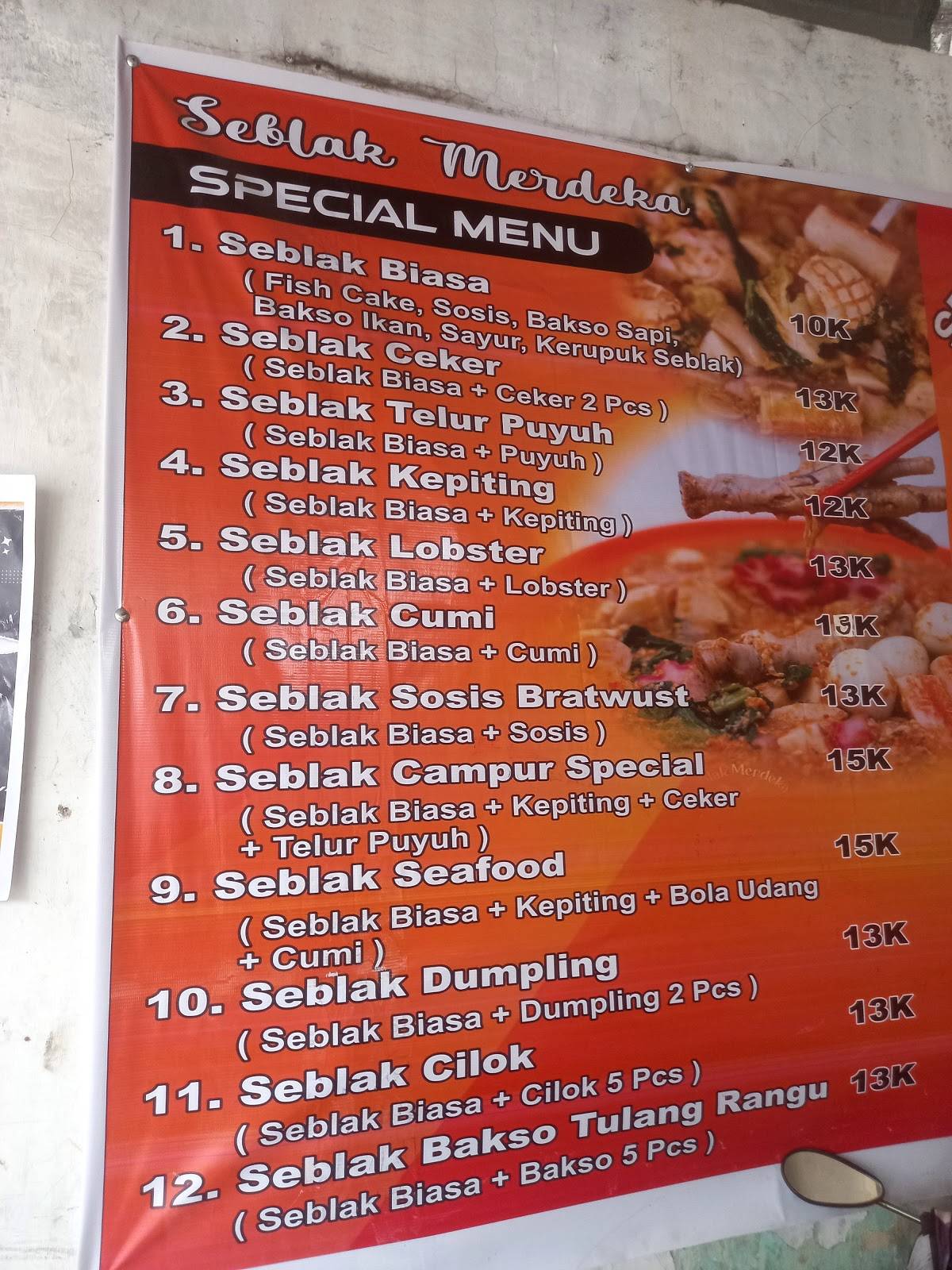 Carta del restaurante Seblak Merdeka, Plandi