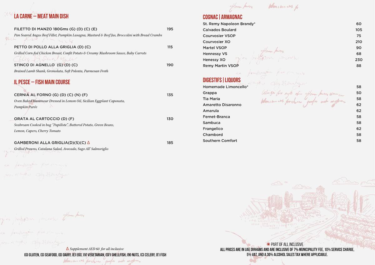 Menu at Sette restaurant, Dubai