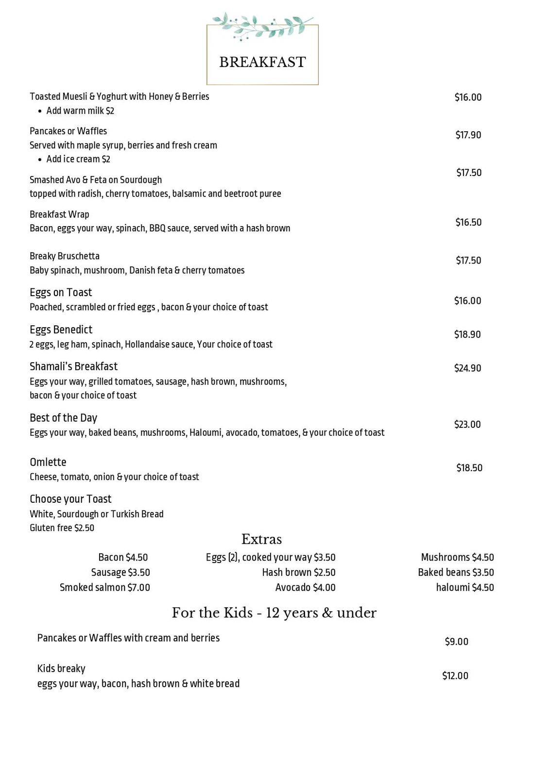 Menu at Shamali’s Cafe & Restaurant, Emerald