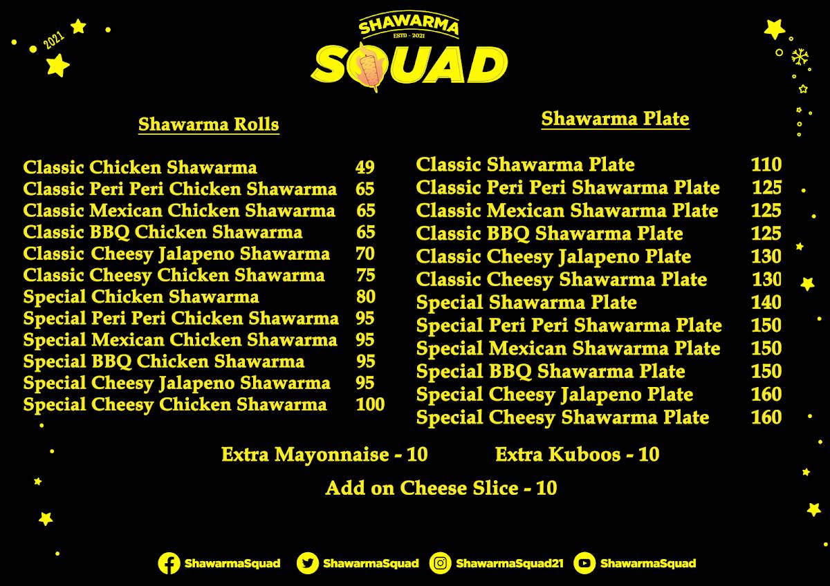 Menu at Shawarma squad, Chennai, Razaak Garden main road