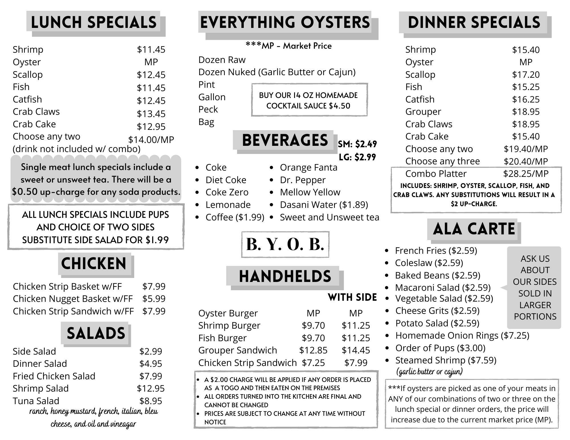 Menu at Shell Oyster Bar, Tallahassee