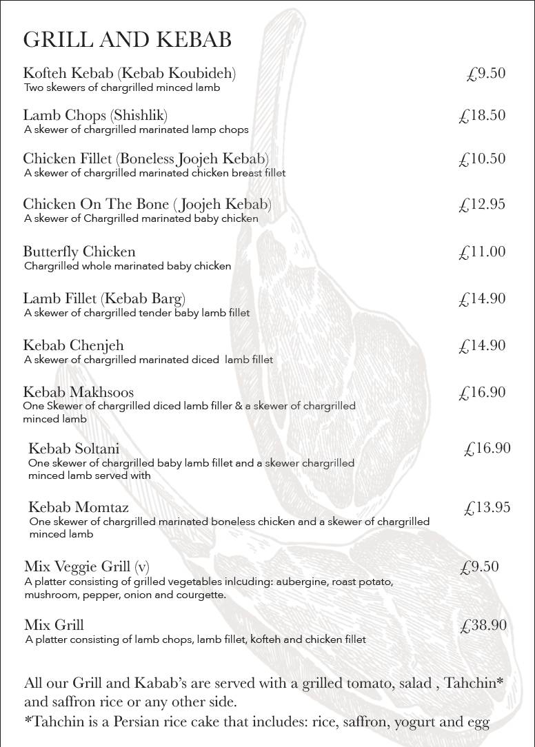 Menu at Sima’s Persian Grill restaurant, London