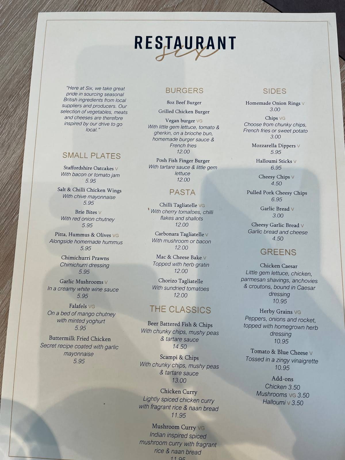 Menu at Restaurant Six, Stoke-on-Trent