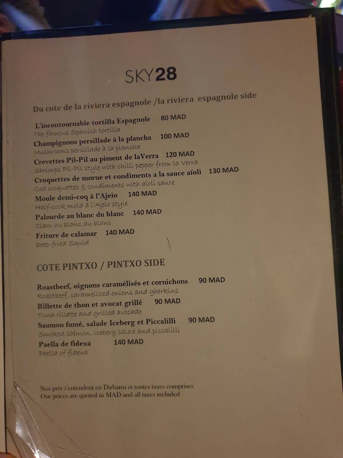 Menu au Sky 28 restaurant, Casablanca