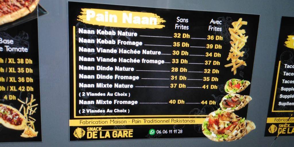 Menu au Snack de la gare Al wifaq temara restaurant, Temara