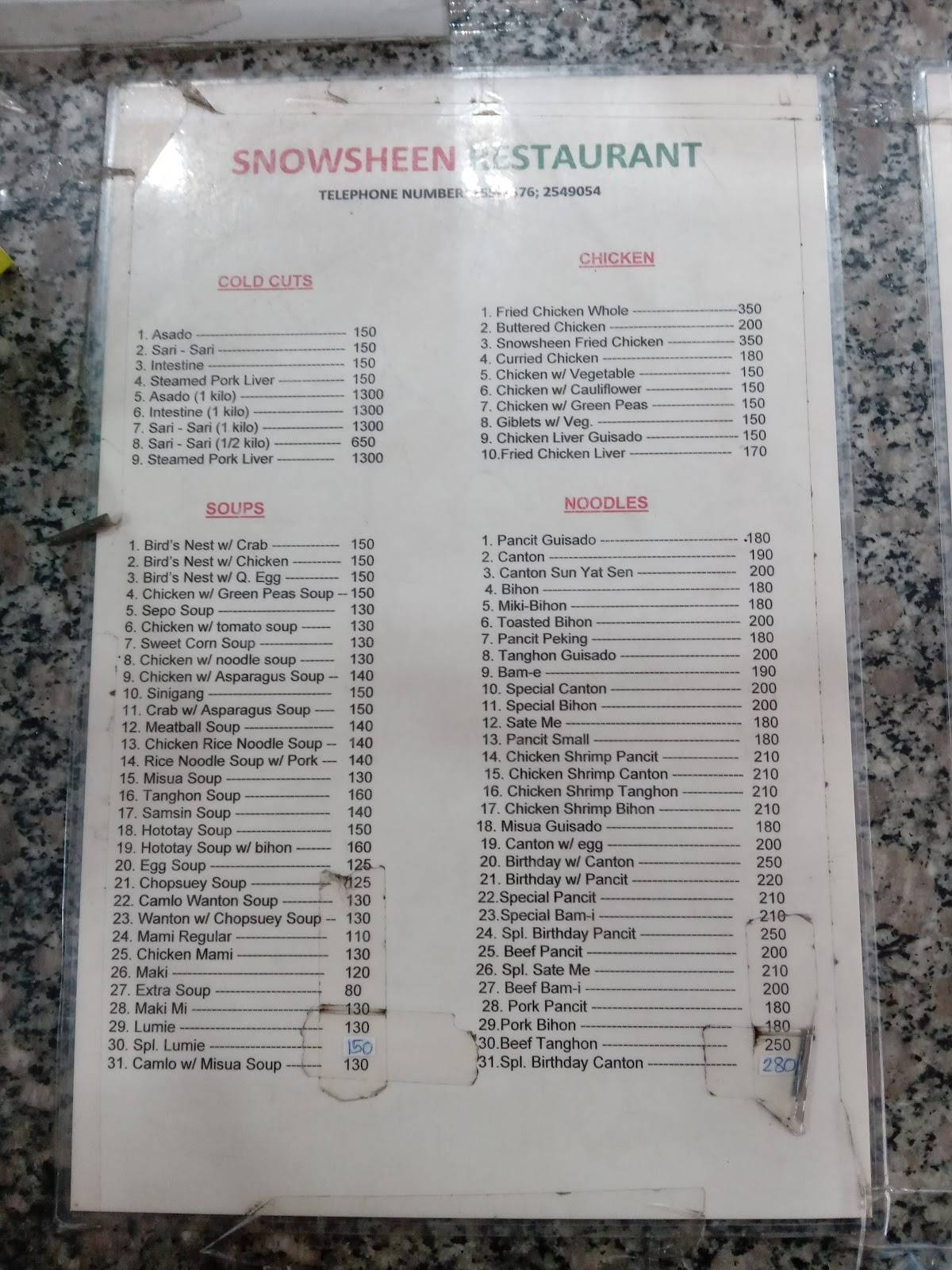 Menu at Snowsheen Restaurant, Cebu City