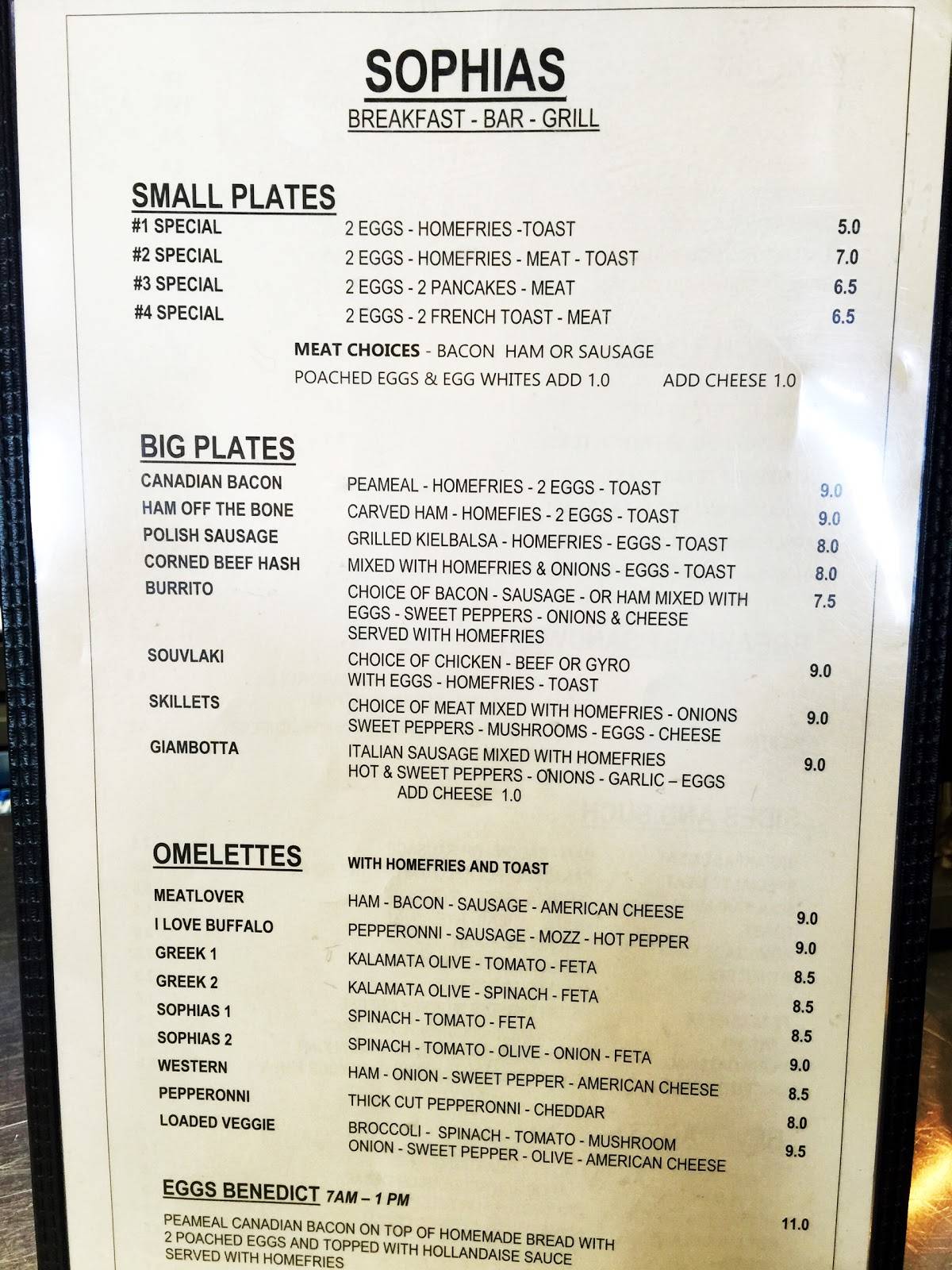 Menu at Sophia's Restaurant, Buffalo