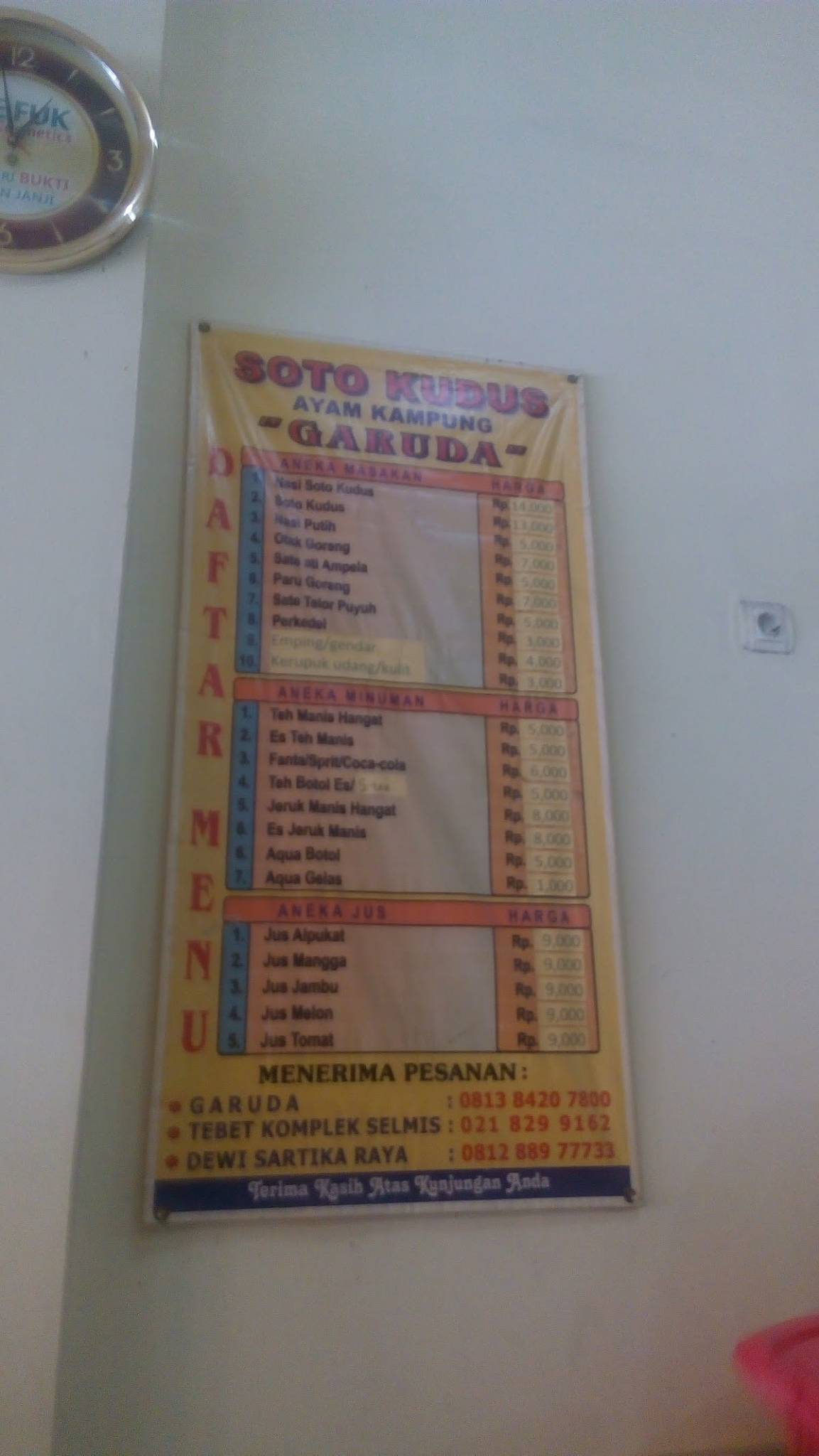 Menu at Soto Kudus Garuda restaurant, East Jakarta, Jl. Dewi Sartika No.3