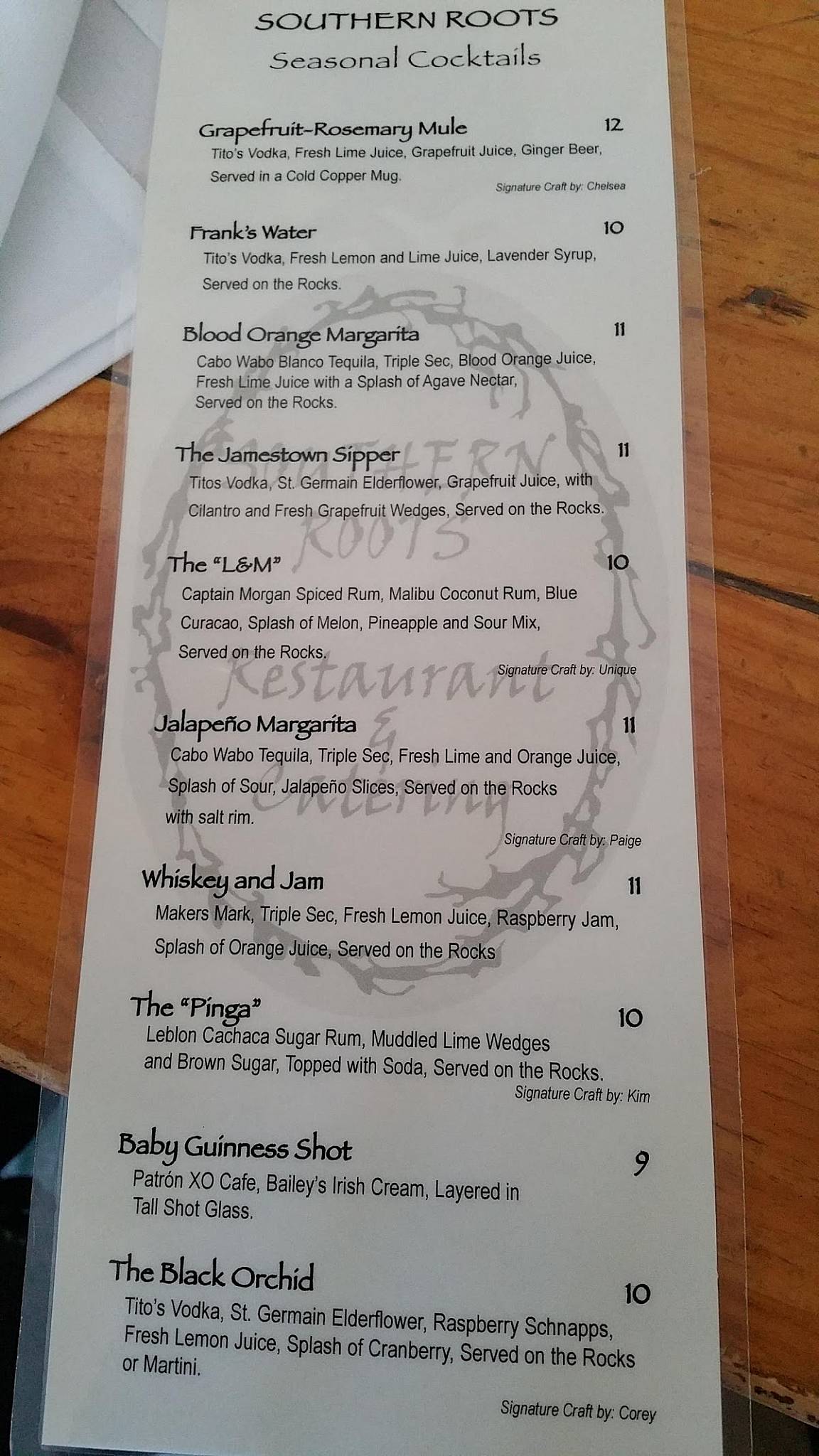 Menu at Southern Roots Restaurant, Jamestown, 119 E Main St