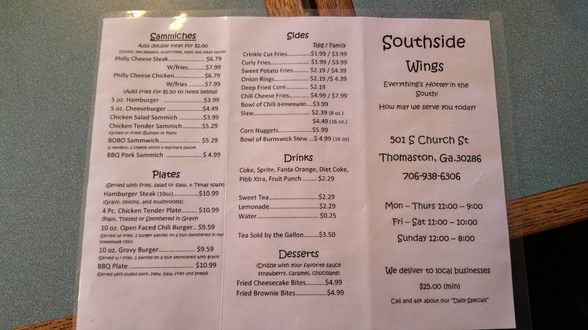 Menu at Southside Wings restaurant, Thomaston