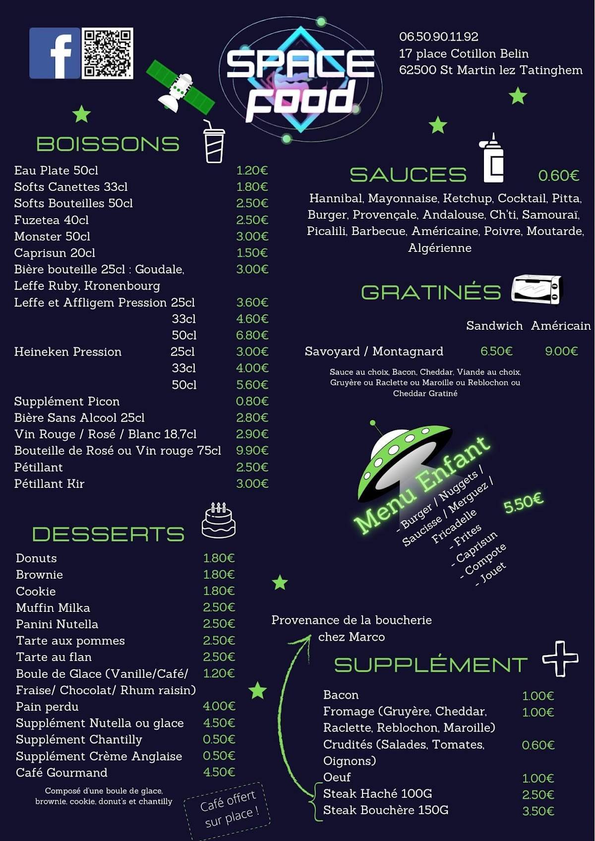 Menu au Space Food restaurant, Saint-Martin-au-Laërt