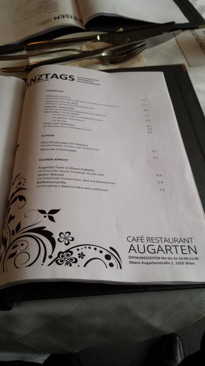 Speisekarte von Sperling im Augarten restaurant, Wien