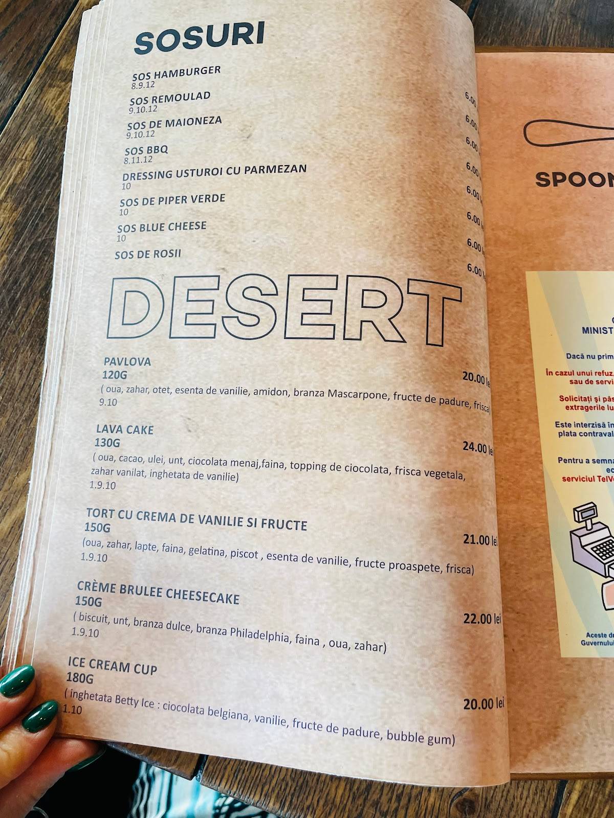Menu at Spoon, Oradea