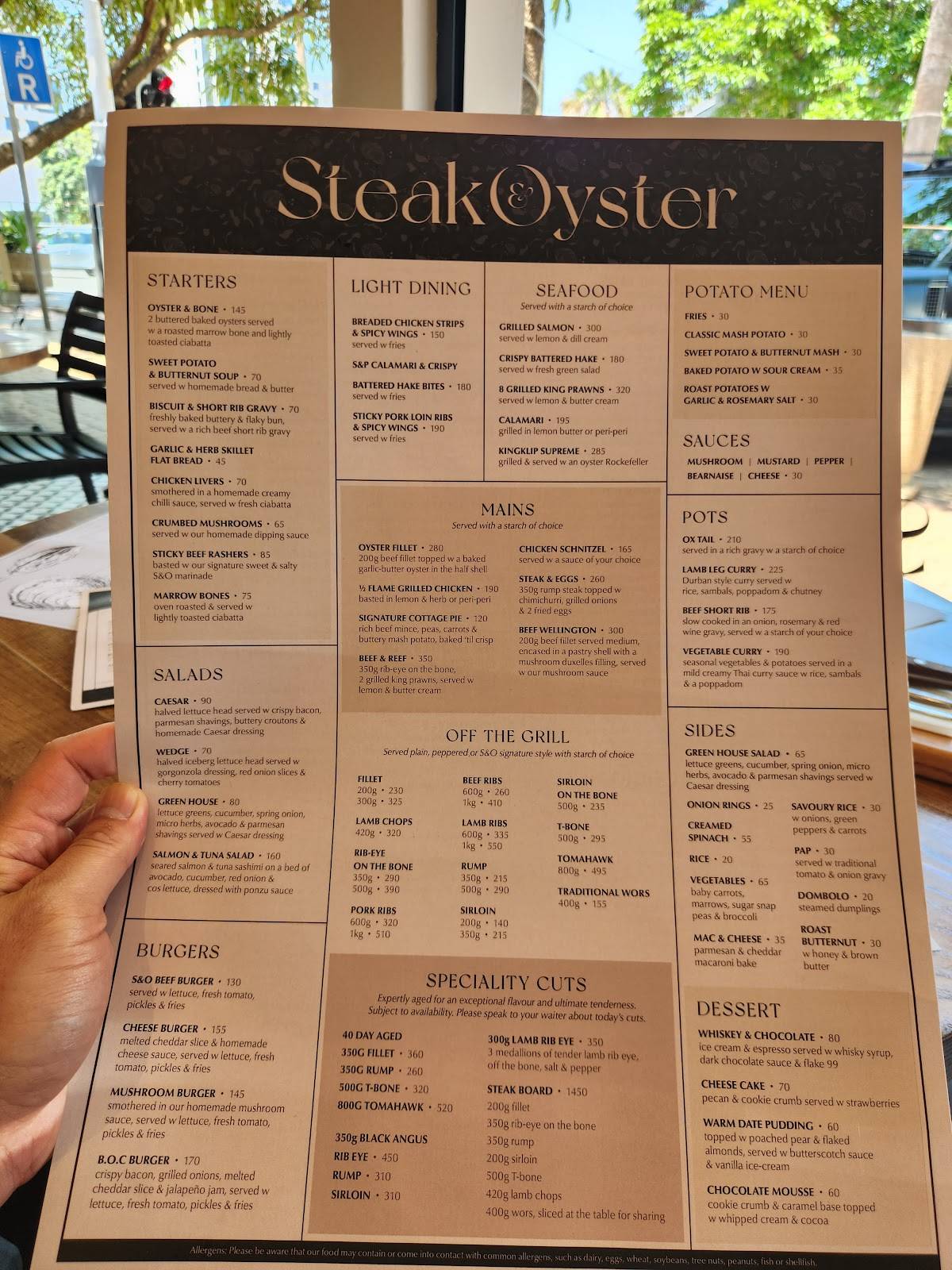 Menu at Steak and oyster restaurant, Umhlanga, 12