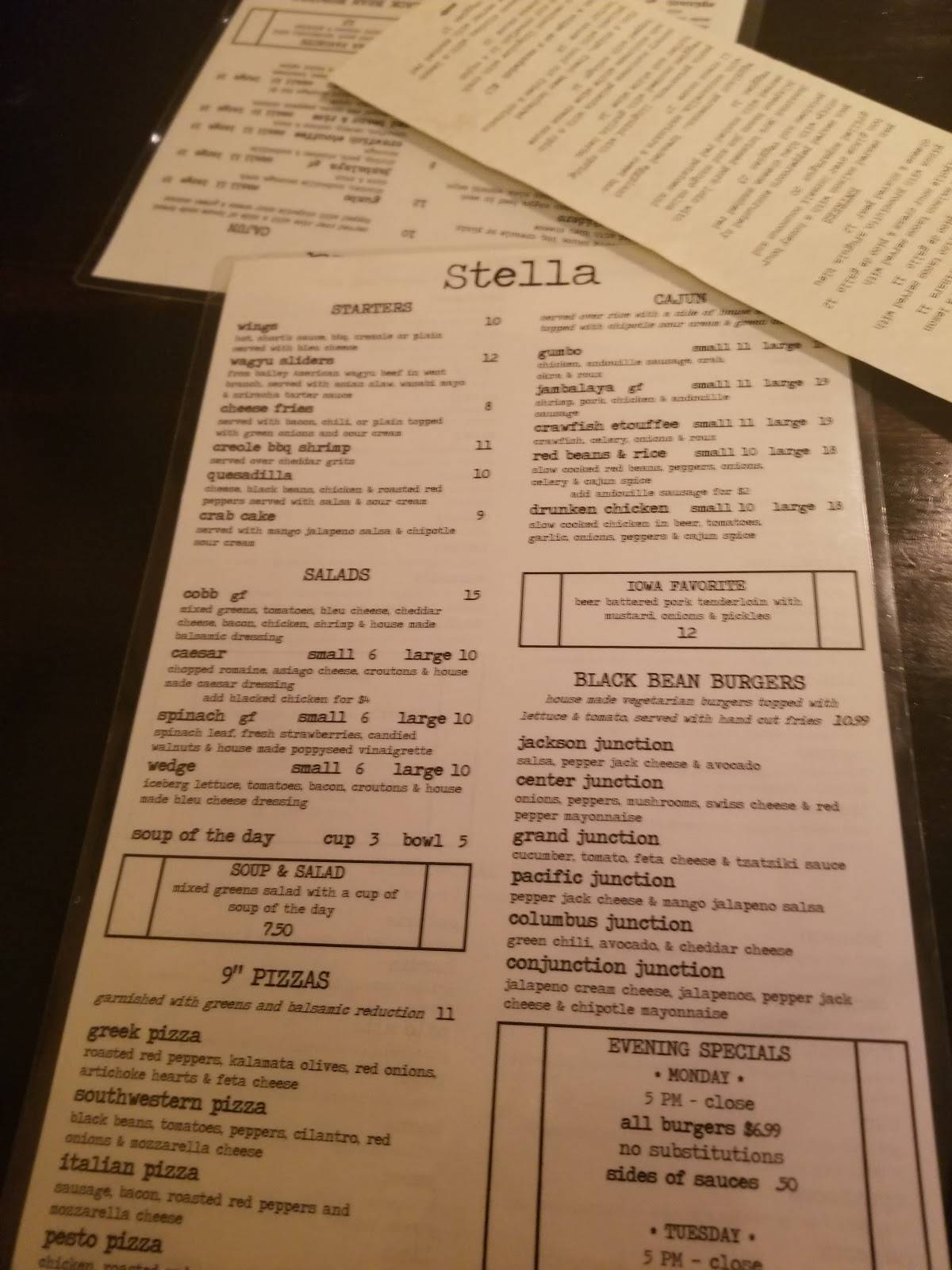 Menu at Stella restaurant, Iowa City