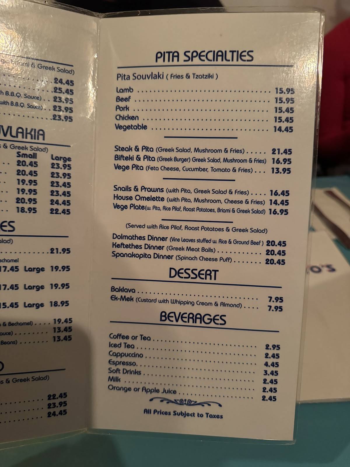 Menu at Stepho's Souvlaki Greek Taverna restaurant, Vancouver, Davie St