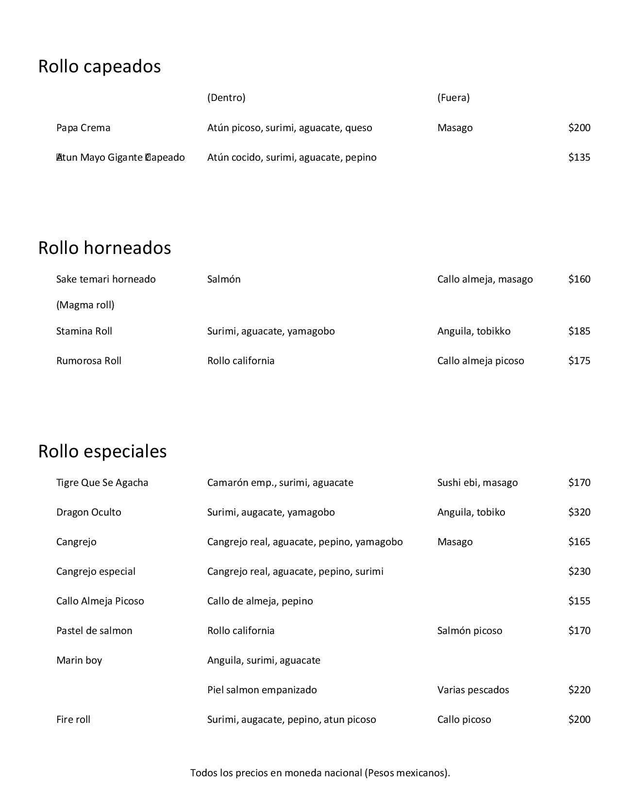Carta del restaurante Su Sushi, Mexicali, Calz. Cuauhtémoc 1398-Int. 3 B