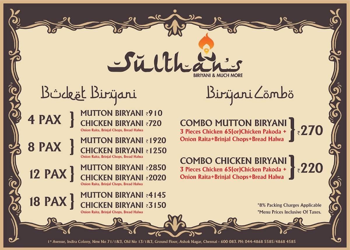 Menu at Sulthan's Biriyani, Ashok Nagar, Chennai