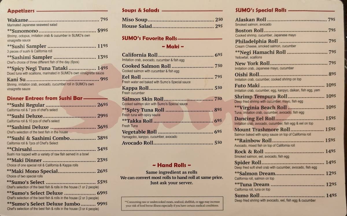 Menu at Sumo Japanese Steak House restaurant, Virginia Beach