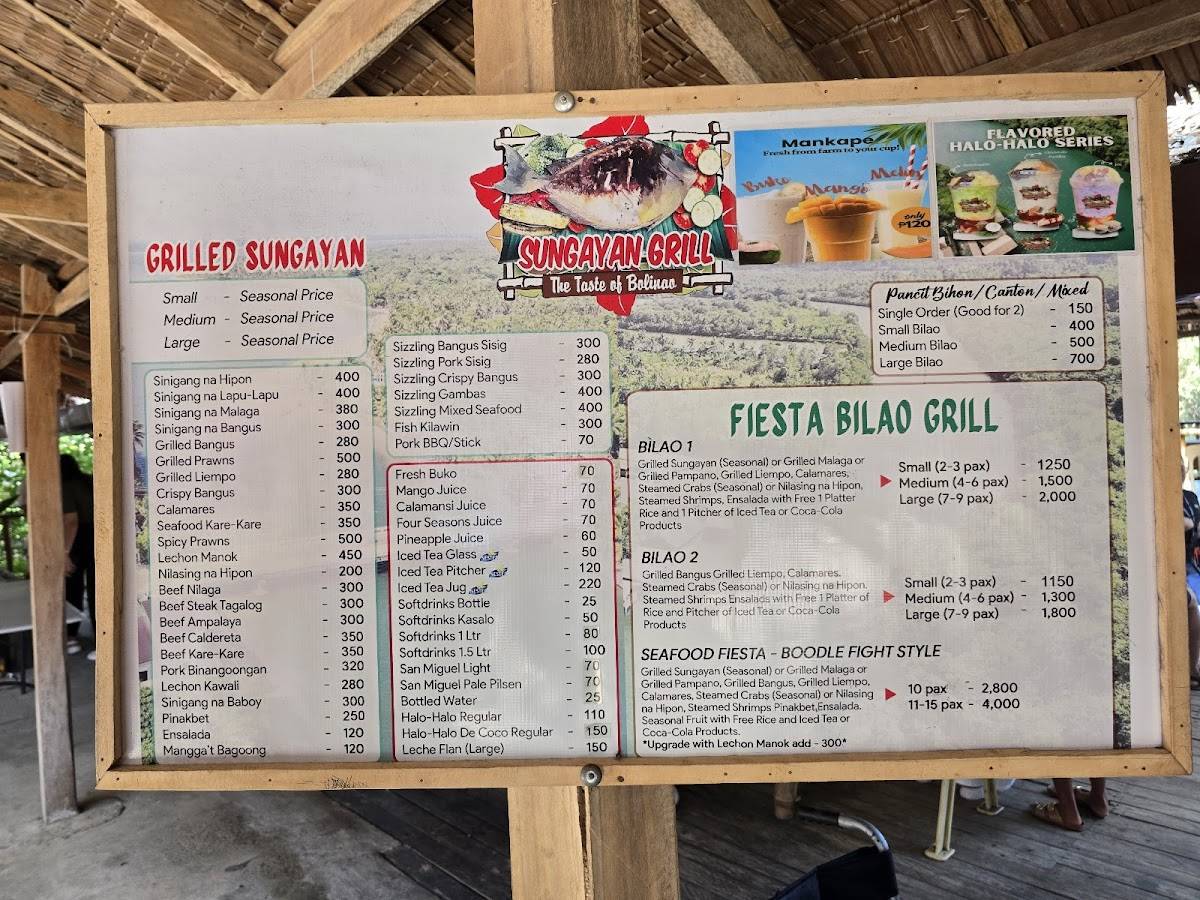 Menu at Sungayan Grill restaurant, Bolinao, 9V34+Q2W